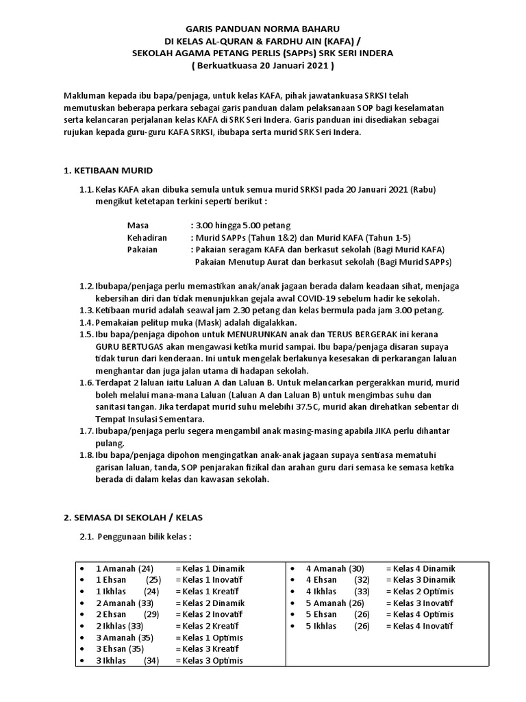Sop Kelas Kafa Sapps Tahun 1 2021 (Edaran Murid) | PDF