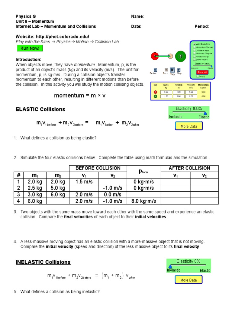 Momentum and Collisions PHET Lab. PERFORMANCE FINAL - Doc | PDF ...