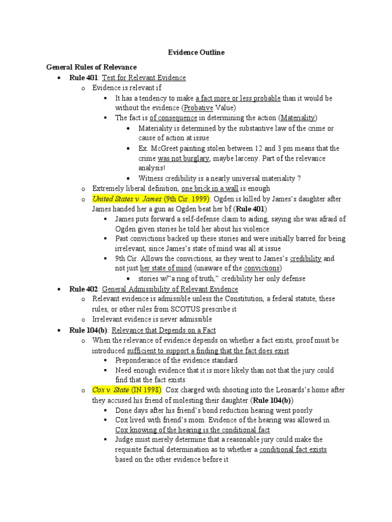 Evidence Outline General Rules of Relevance | PDF | Witness Impeachment ...