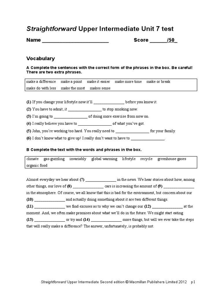 Straightforward Upper Intermediate Unit 7 Test: Name - Score - /50 ...