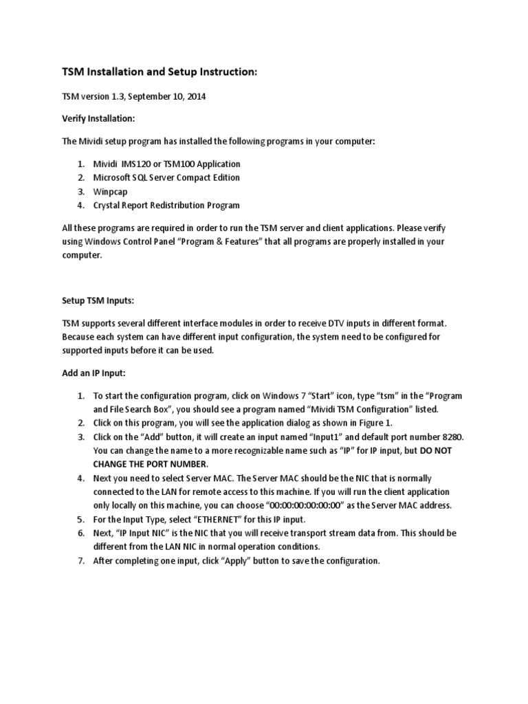 Tsm Installation And Setup Instruction Pdf Network Interface Controller Computer Program