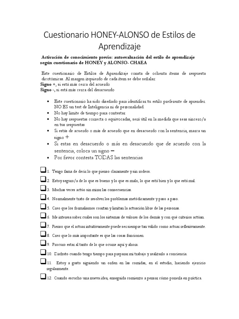 CHAEA-Test de Estilos de Aprendizaje CHAEA-imprimible | PDF | Intuición ...