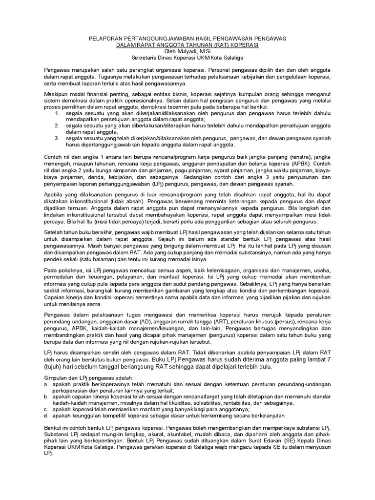 Format Laporan Pertanggungjawaban Pengawas Koperasi | PDF
