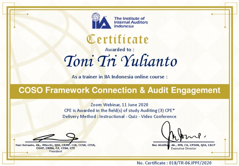 Toni Tri Yulianto: COSO Framework Connection & Audit Engagement | PDF