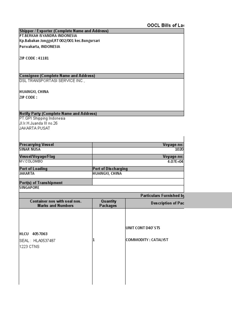 Oocl Bill of Lading | PDF