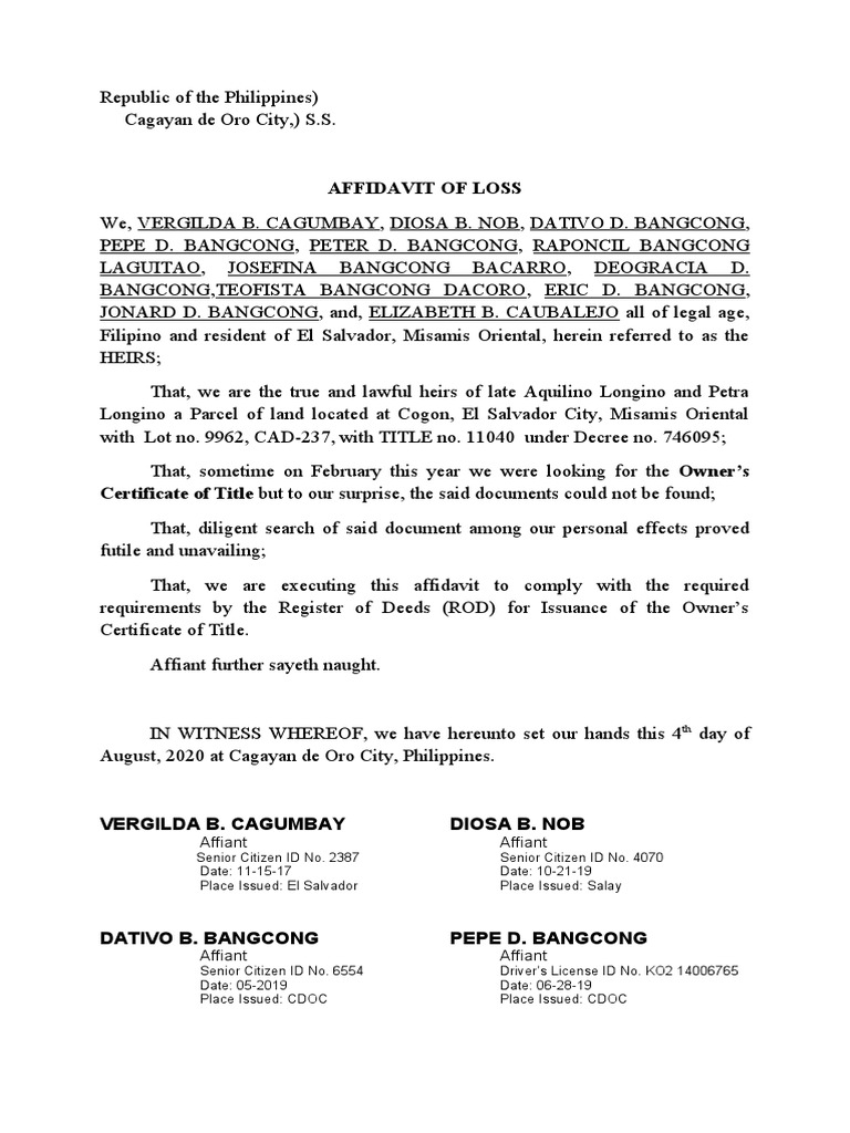 Affidavit of Loss and Request for Issuance of Owner's Certificate of ...
