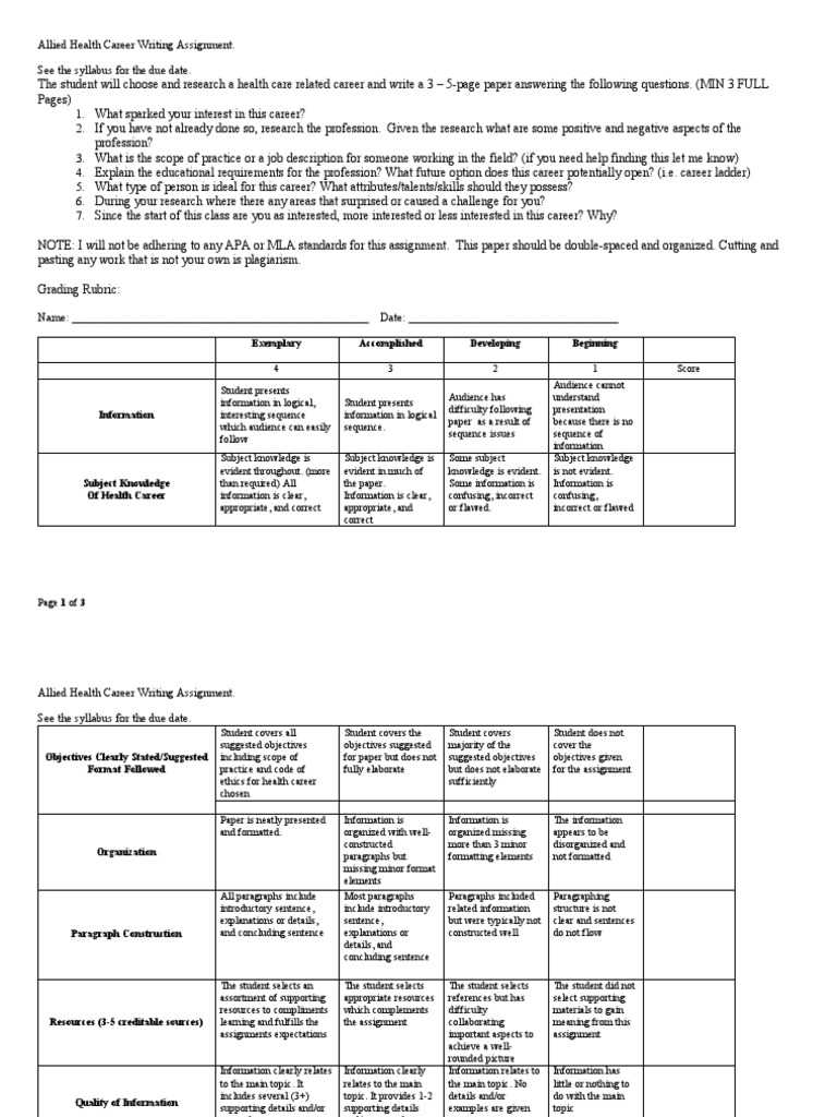 AH 140 Research Paper - Health Career Profession Rubric | PDF | Rubric ...