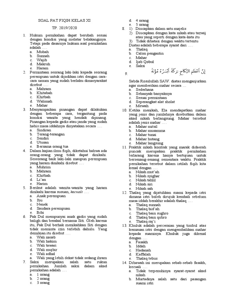Soal Pat Fiqih Xi 2020 | PDF | Agama & Spiritualitas