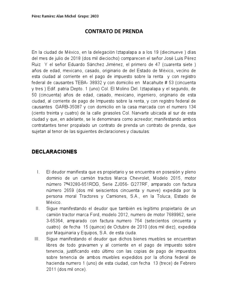 Contrato de Prenda | PDF | Pagos | Derecho privado