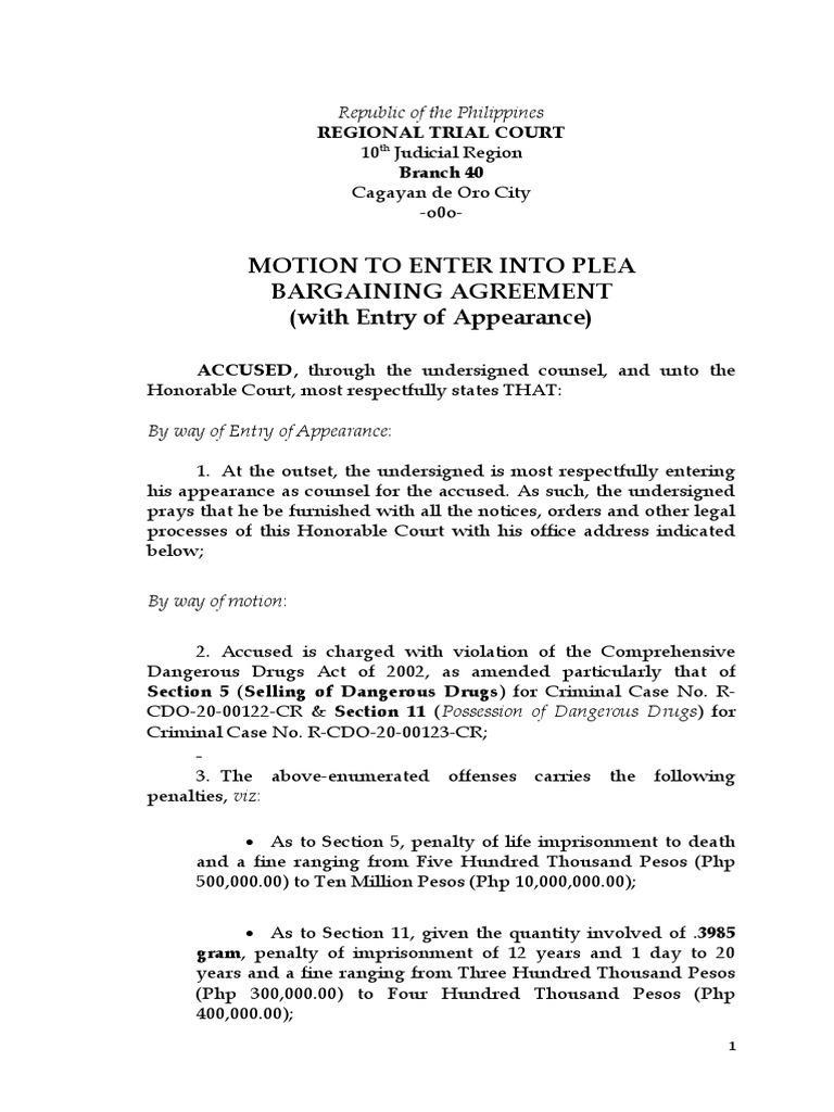 Motion To Plea Bargain | PDF | Plea | Plea Bargain