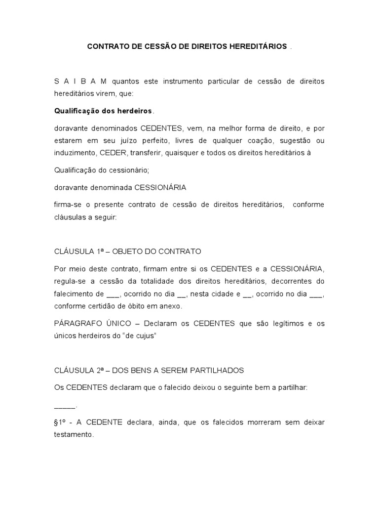 Contrato De Cessão De Direitos Hereditários Pdf Lei Das Obrigações