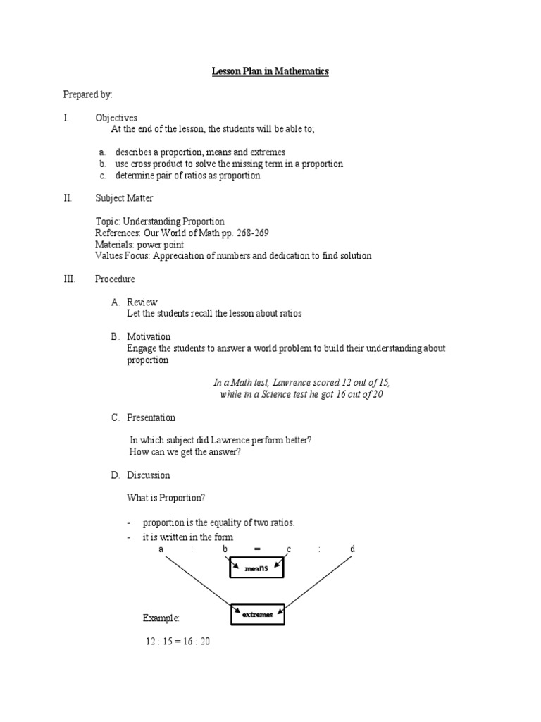 Lesson Plan in Math - Proportion | PDF | Lesson Plan | Ratio