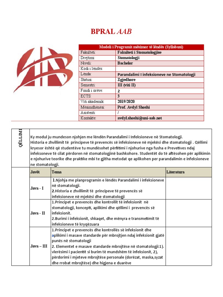 Bpral Aab: Parandalimi I Infeksioneve Ne Stomatologji | PDF
