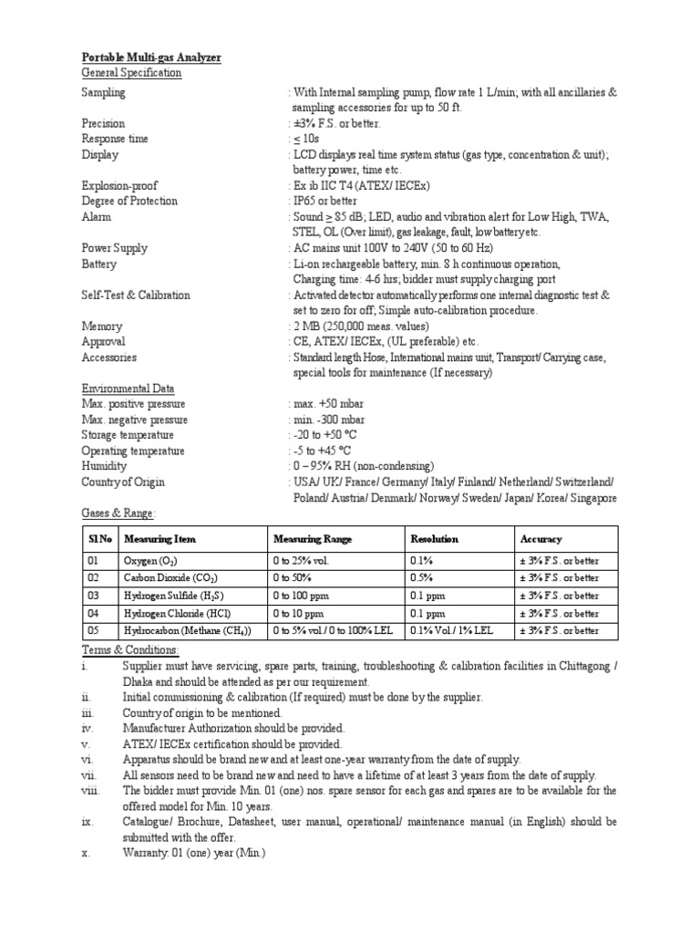 Portable Gas Analyzer Specification - 1 | PDF | Chemical Process ...