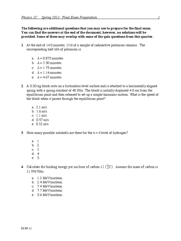 Physics 1c Spring 2011 Final Exam Preparation 1 Pdf Waves Light