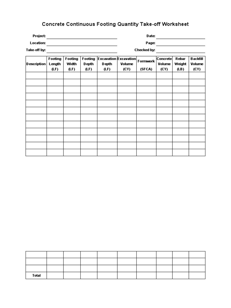 Concrete Continuous Footing Quantity Take-Off Worksheet | PDF | Length ...