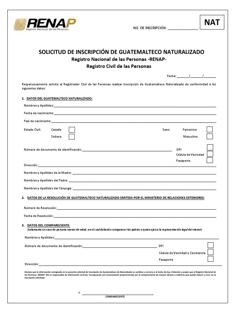 Solicitud de inscripción como guatemalteco naturalizado en el Registro Nacional de las Personas ...
