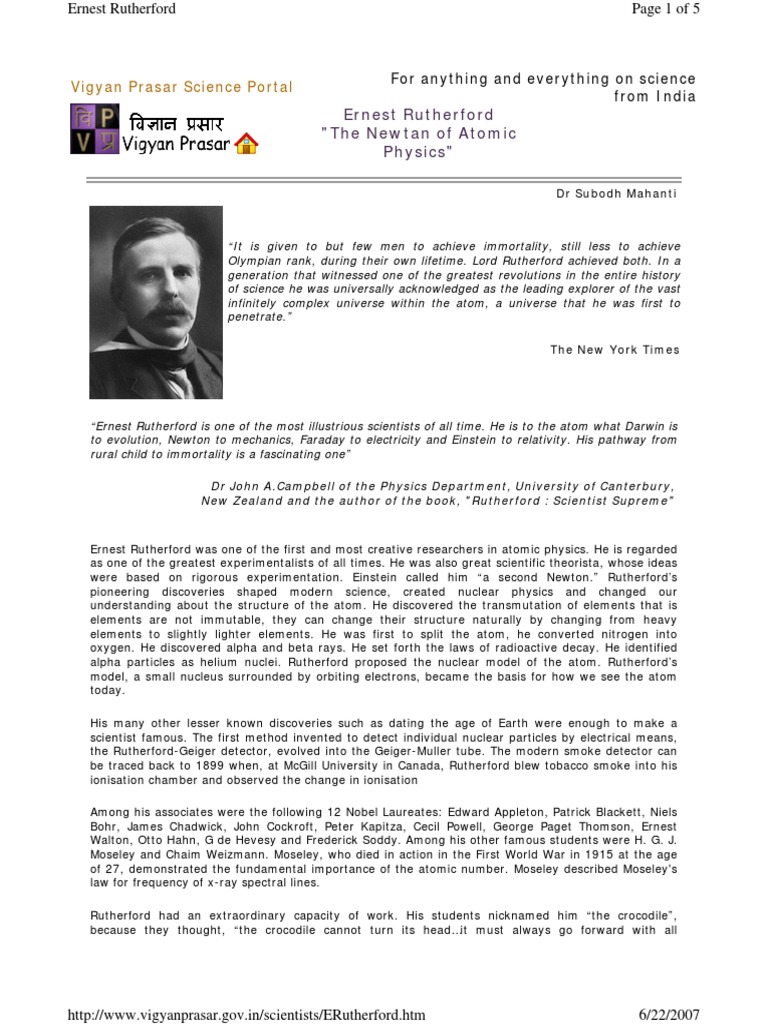 Ernest Rutherford "The Newtan of Atomic Physics": Vigyan Prasar Science ...