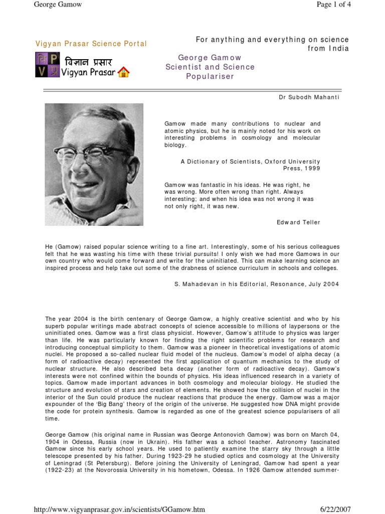 George Gamow Scientist and Science Populariser: Vigyan Prasar Science ...