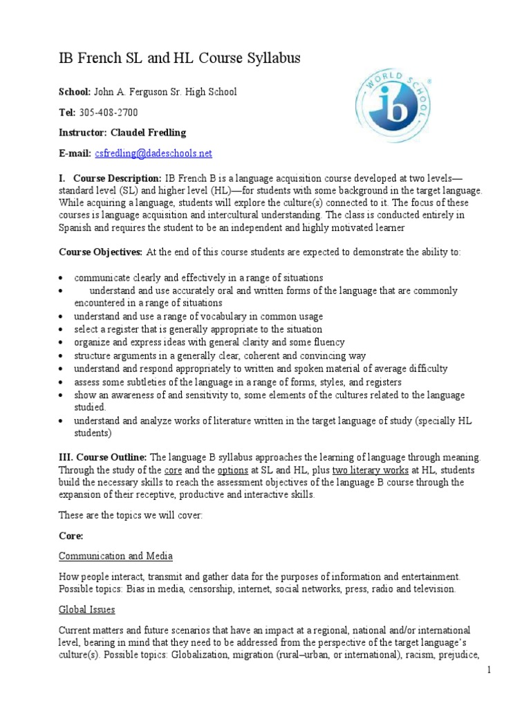 IB French SL - HL Sylabus | PDF | Second Language | Teachers