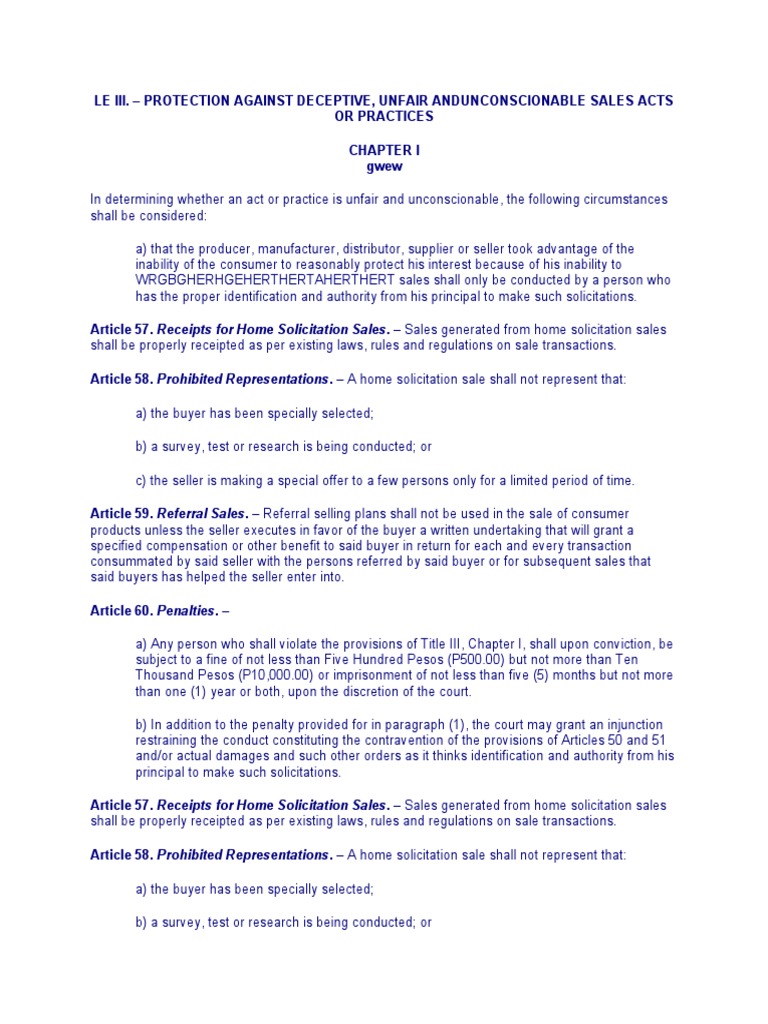 Provisions Regarding Protection Against Deceptive, Unfair, and ...