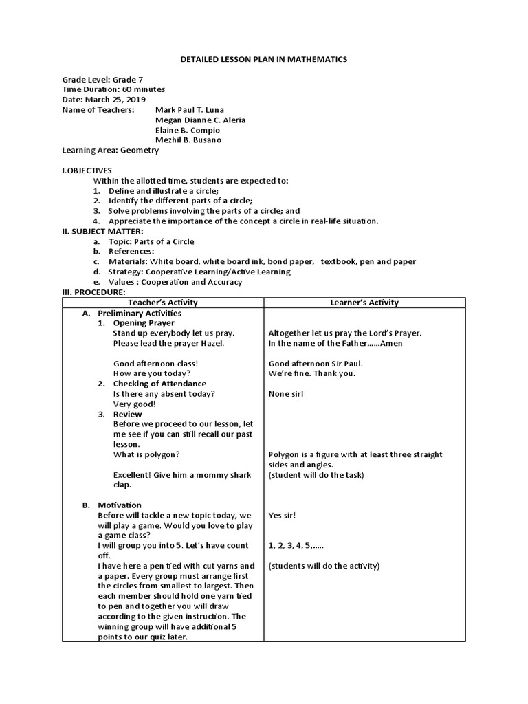 Circle Detailed Lesson Plan in Mathematics | PDF | Tangent | Diameter