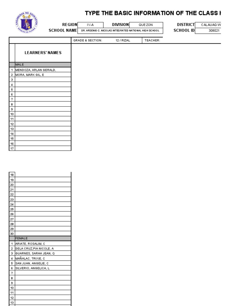 Type The Basic Information of The Class Here: Region Division District ...