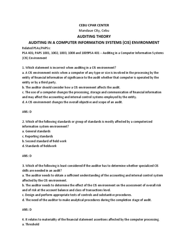 Auditing Theory Auditing in A Computer Information Systems (Cis) Environment | PDF | Databases ...