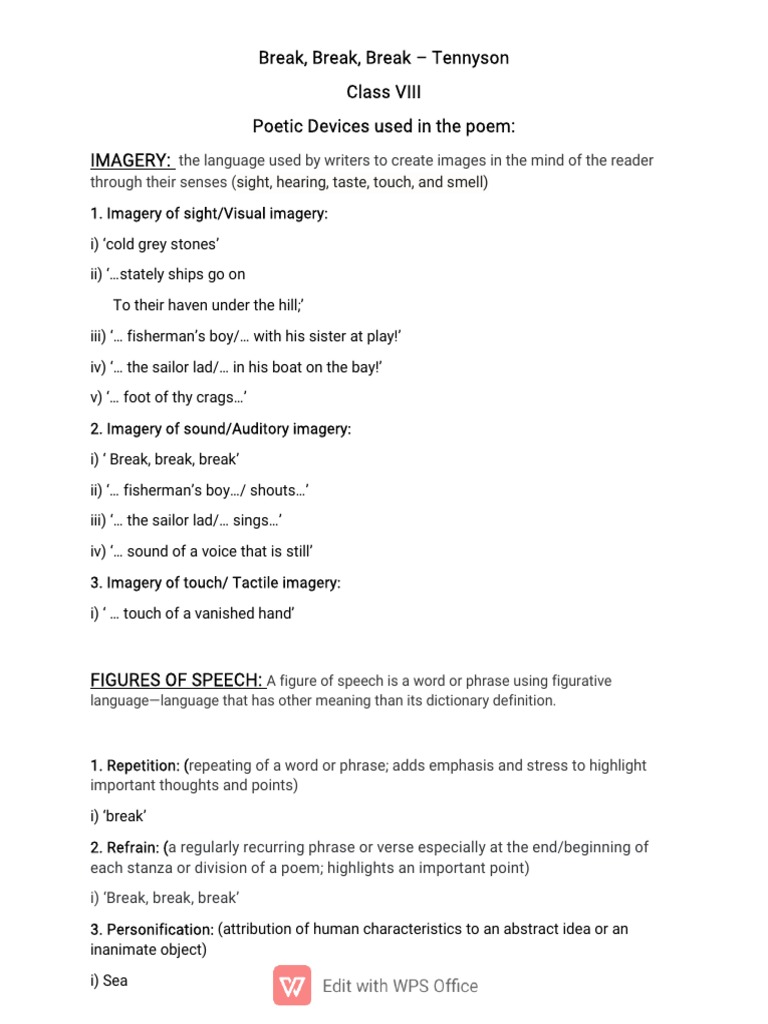 Break, Break, Break ... Poetic Devices | PDF