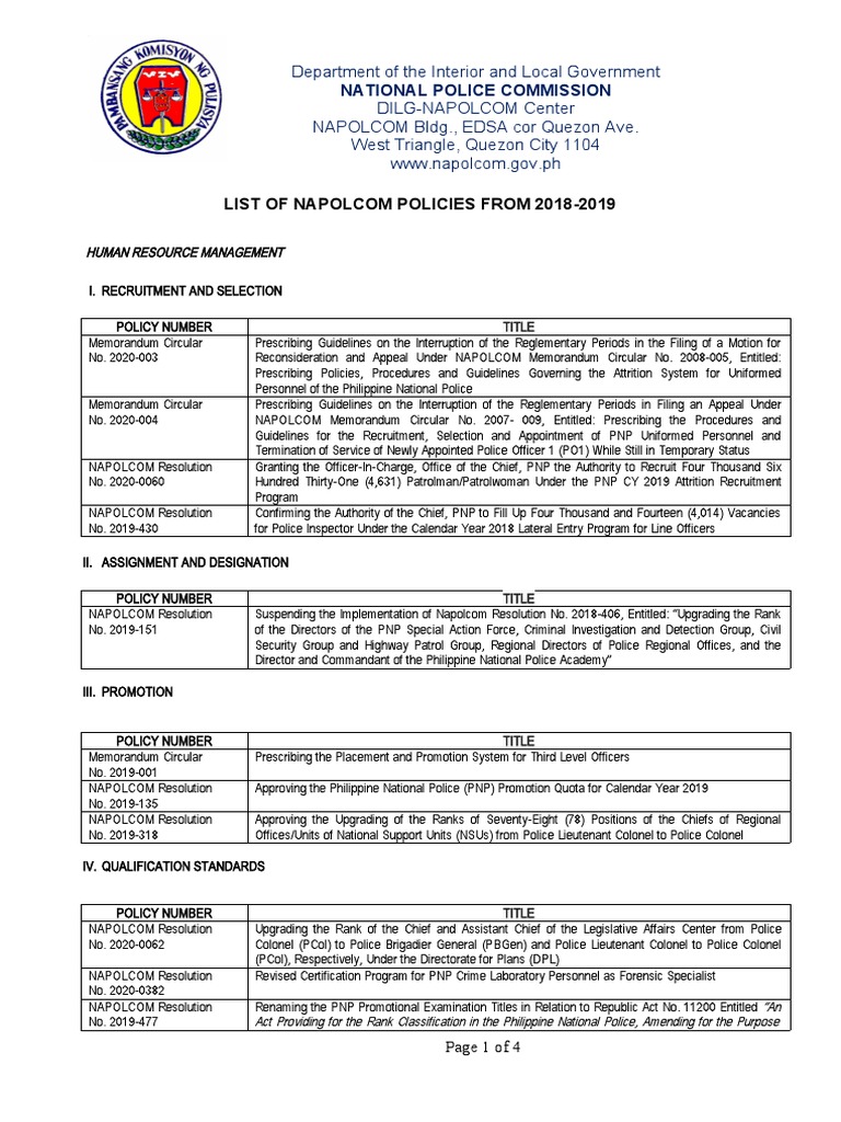 List of Napolcom Policies From 2018-2019 | PDF | Law Enforcement ...
