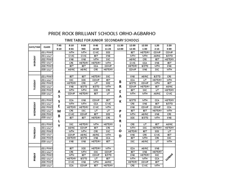 Junior Time Table | PDF