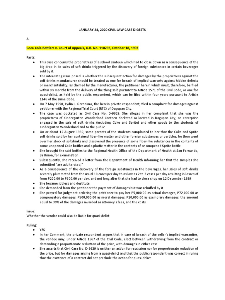 January 23 2020 Civil Law Review Case Digests | PDF | Lawsuit | Negligence