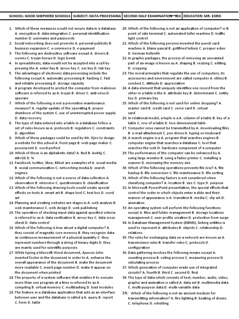 SS3 Data Processing Pre-WAEC Examination | PDF | C (Programming ... SS3 Data Processing Pre-WAEC Examination | PDF | C (Programming ...