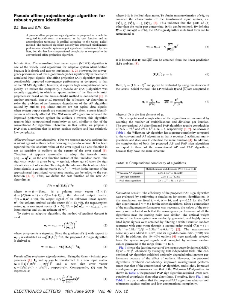 Pseudo Affine Projection Sign Algorithm For Pdf Norm Mathematics