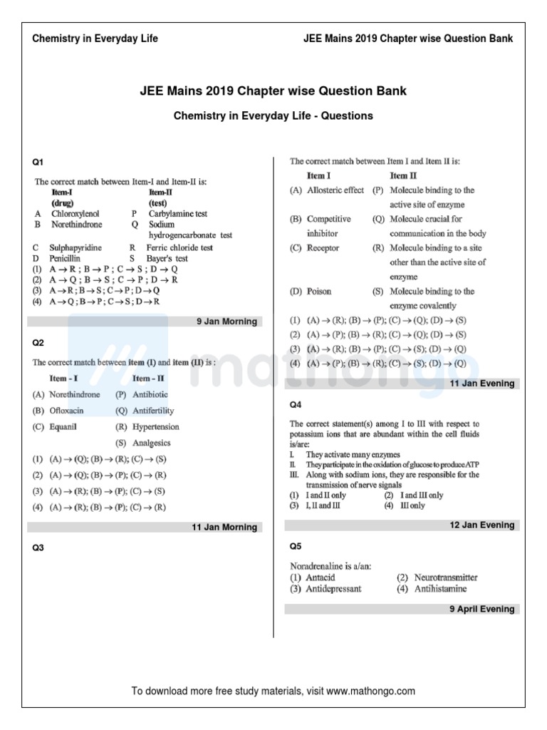 JEE Mains 2019 Chapter Wise Question Bank: Chemistry in Everyday Life ...