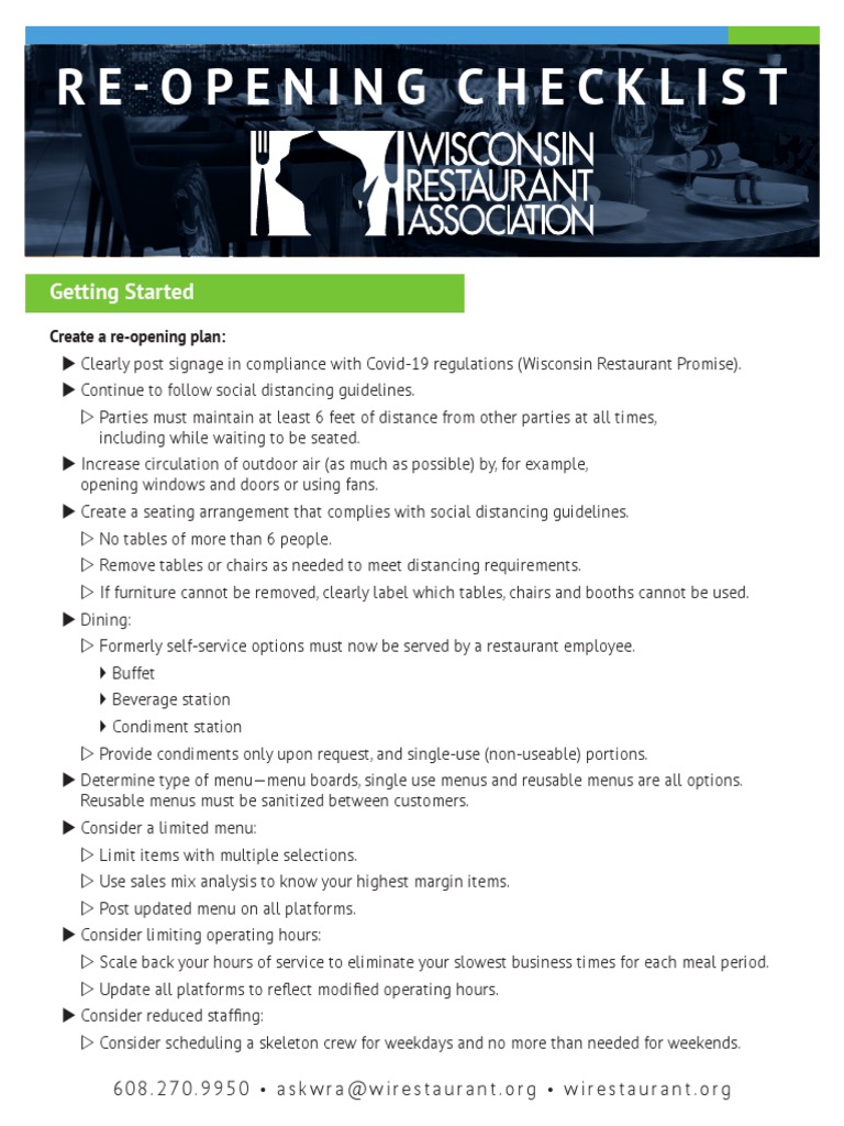 Reopen Checklist | PDF | Menu | Restaurants
