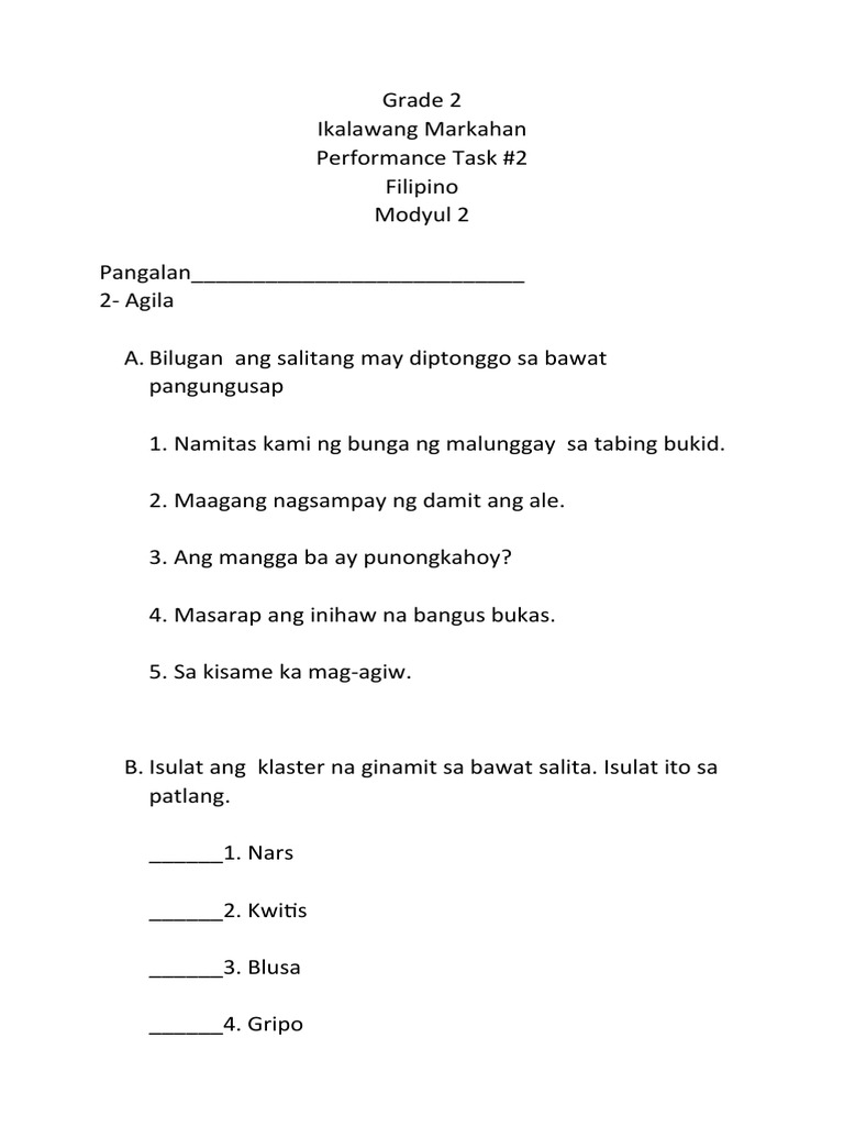 Grade 2 Performance Task Sfil. Modyul 2 Q2 | PDF