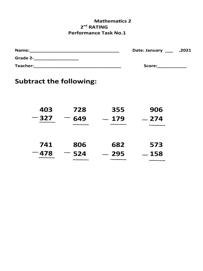 Grade 2 Mathematics Performance Task No. 1: Subtraction Word Problems ...