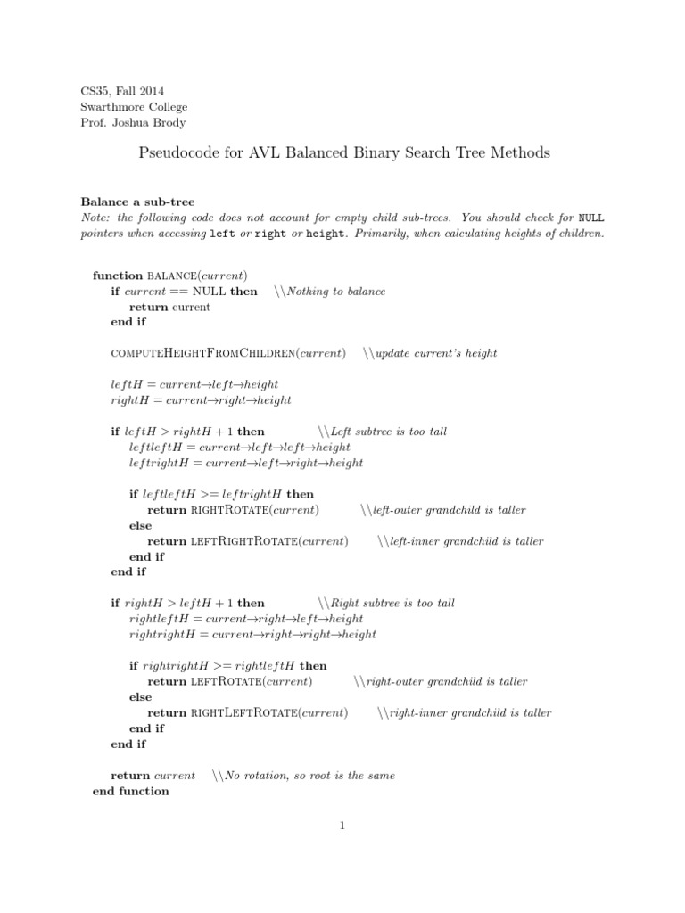 Pseudocode For AVL Balanced Binary Search Tree Methods | PDF | Teaching ...