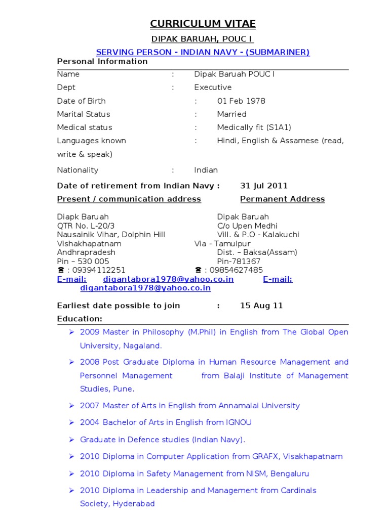 Curriculum Vitae: Serving Person - Indian Navy - (Submariner) | PDF ...