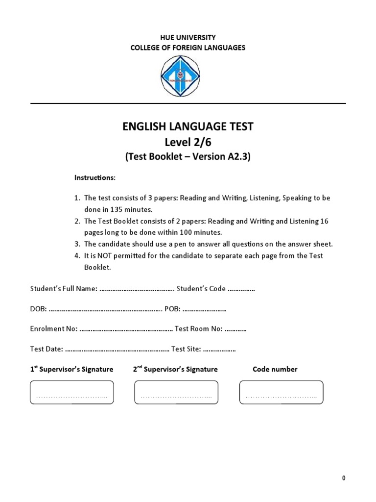 English Language Test Level 2/6: (Test Booklet - Version A2.3) | PDF ...