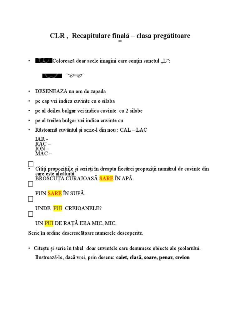 Fisa de Lucru CLR Recapitulare Finala Clasa Pregatitoare | PDF