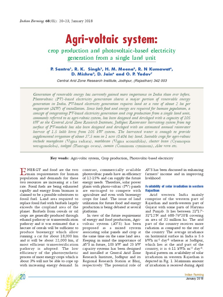 Agri-Voltaic System:: Crop Production and Photovoltaic-Based ...