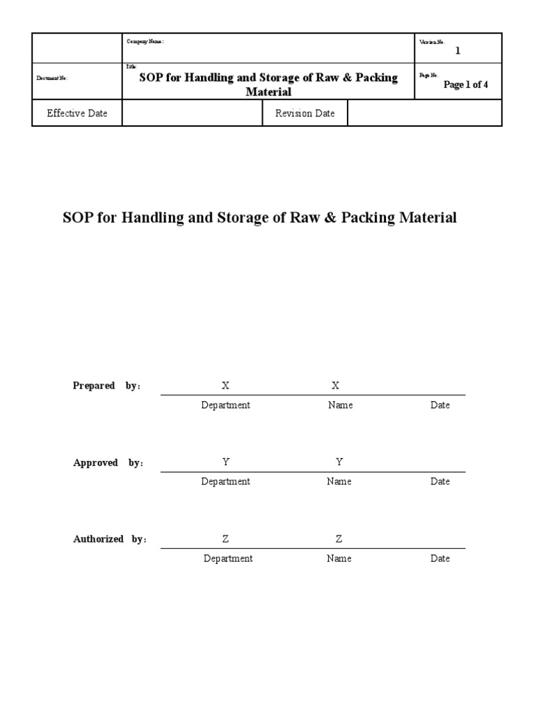 SOP For Handling and Storage of Raw & Packing Material | PDF ...