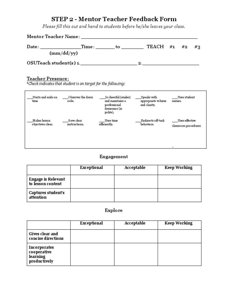 Mentor Teacher Feedback Form Template | PDF