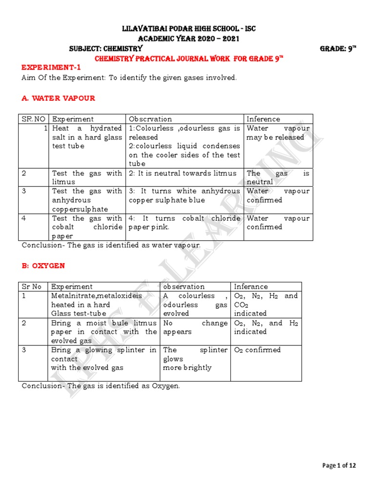Chemistry Practical Written Work For Grade 9th | PDF | Sulfuric Acid ...