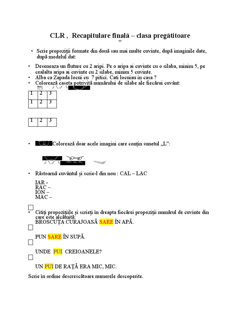 1.fisa de Lucru CLR Recapitulare Finala - Clasa Pregatitoare | PDF