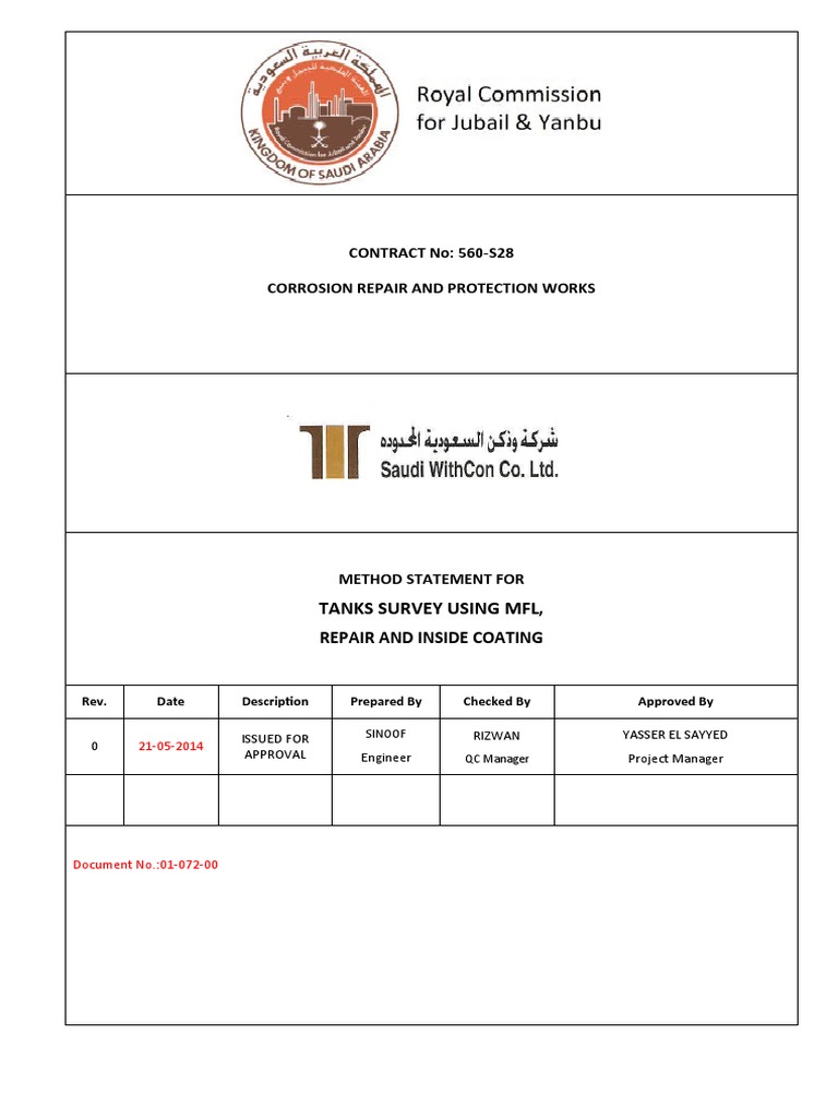 Tank Survey and Repair Method Statement | PDF | Personal Protective ...