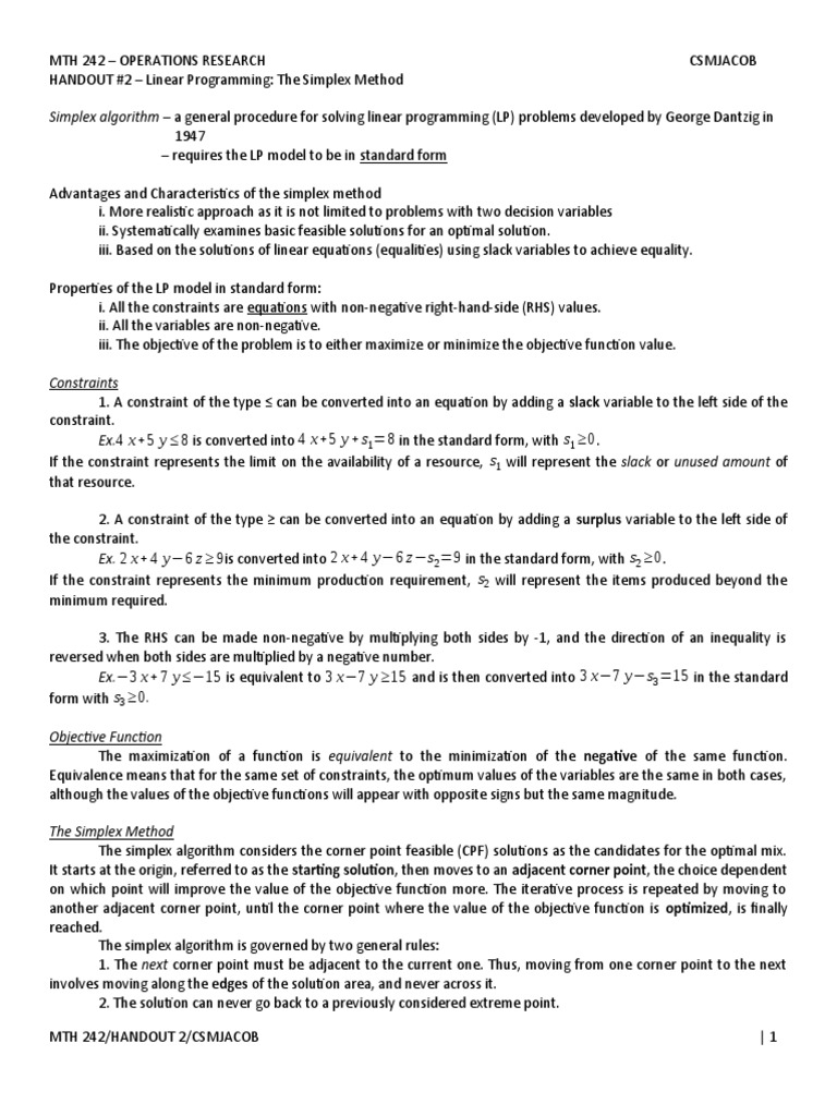 ORHandout 2 The Simplex Method | PDF | Linear Programming ...
