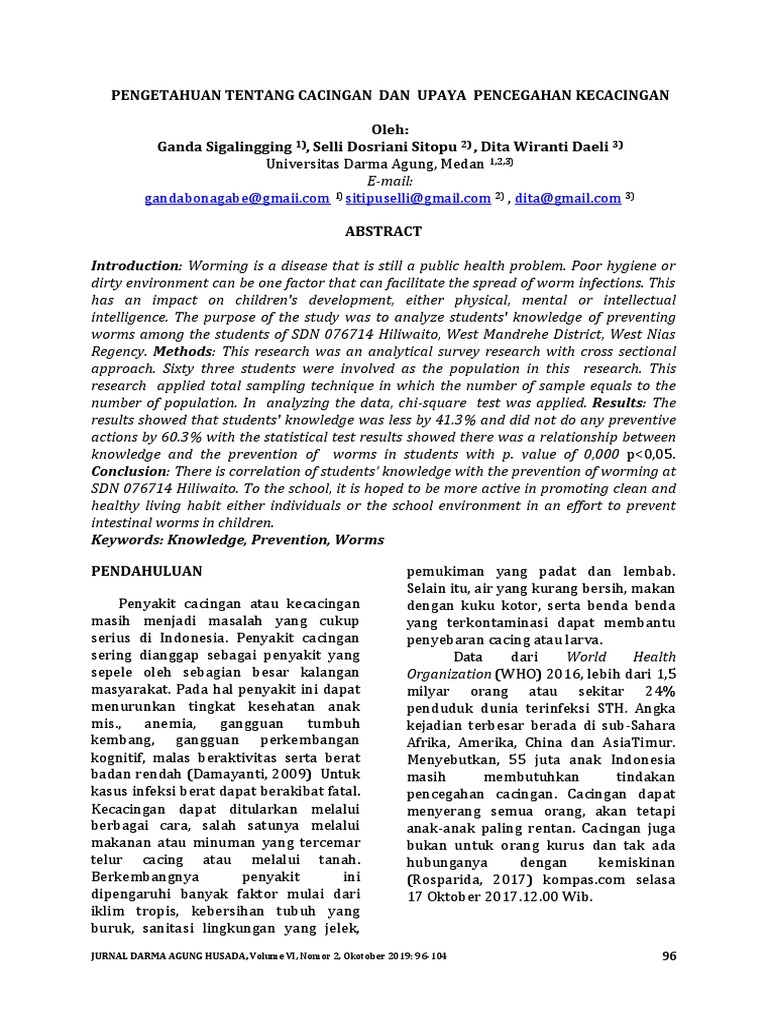 Pengetahuan Tentang Cacingan Dan Upaya Pencegahan Kecacingan Oleh ...